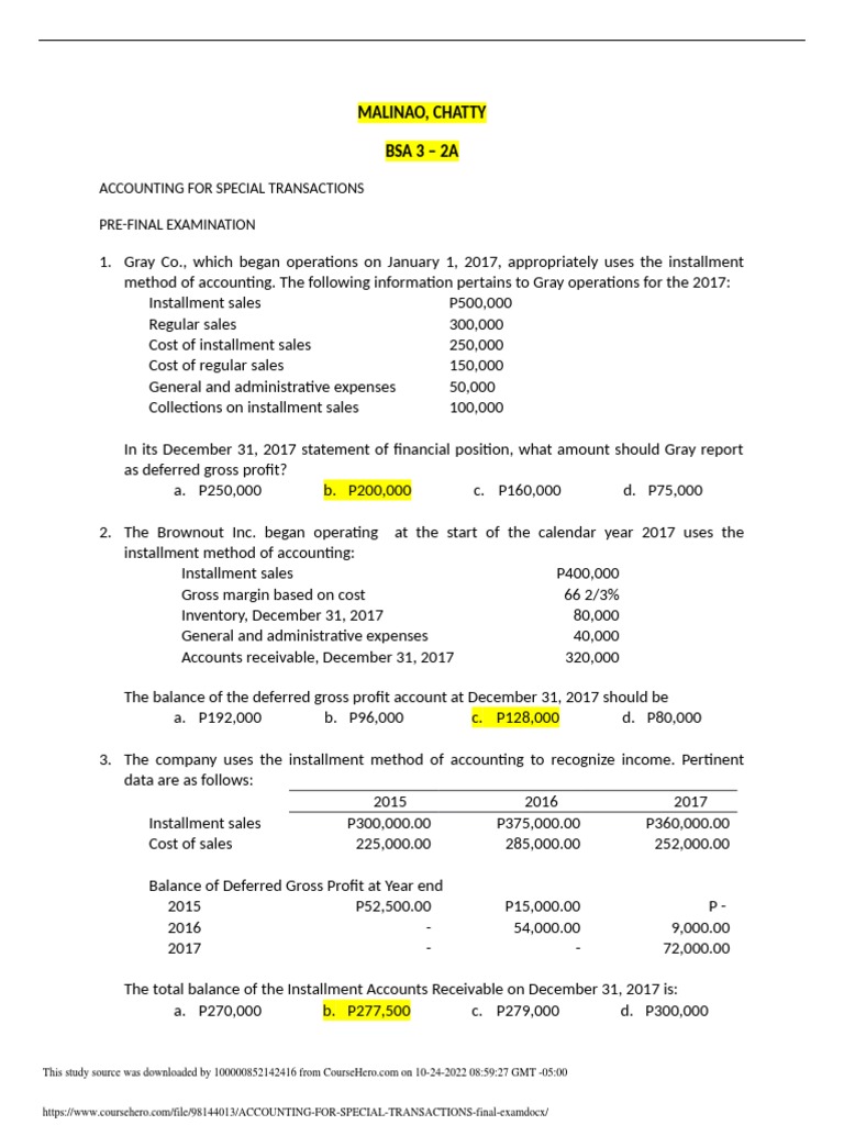 ACCOUNTING FOR SPECIAL TRANSACTIONS Final Exam | PDF | Gross Income | Corporations