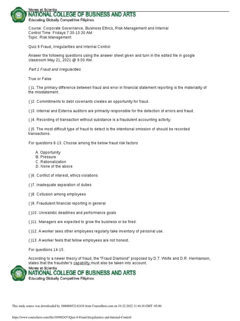 Quiz 6 Fraud Irregularities and Internal Control | PDF | Internal ...