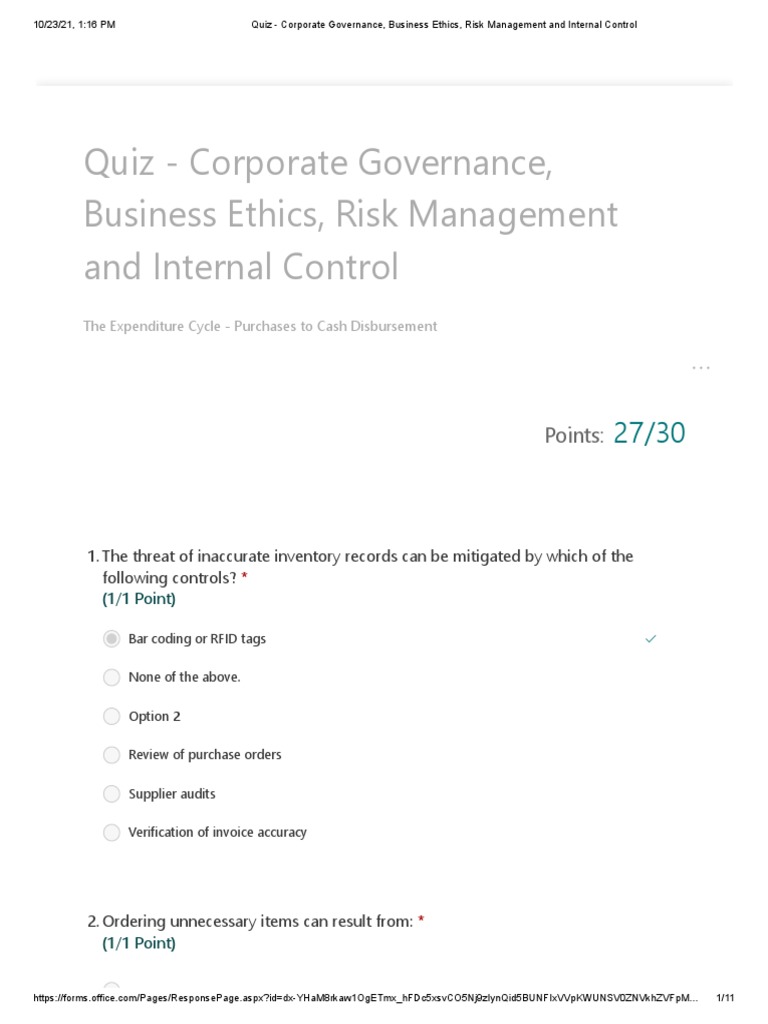 Quiz 4 Finals Corporate Governance Business Ethics Risk Management and ...