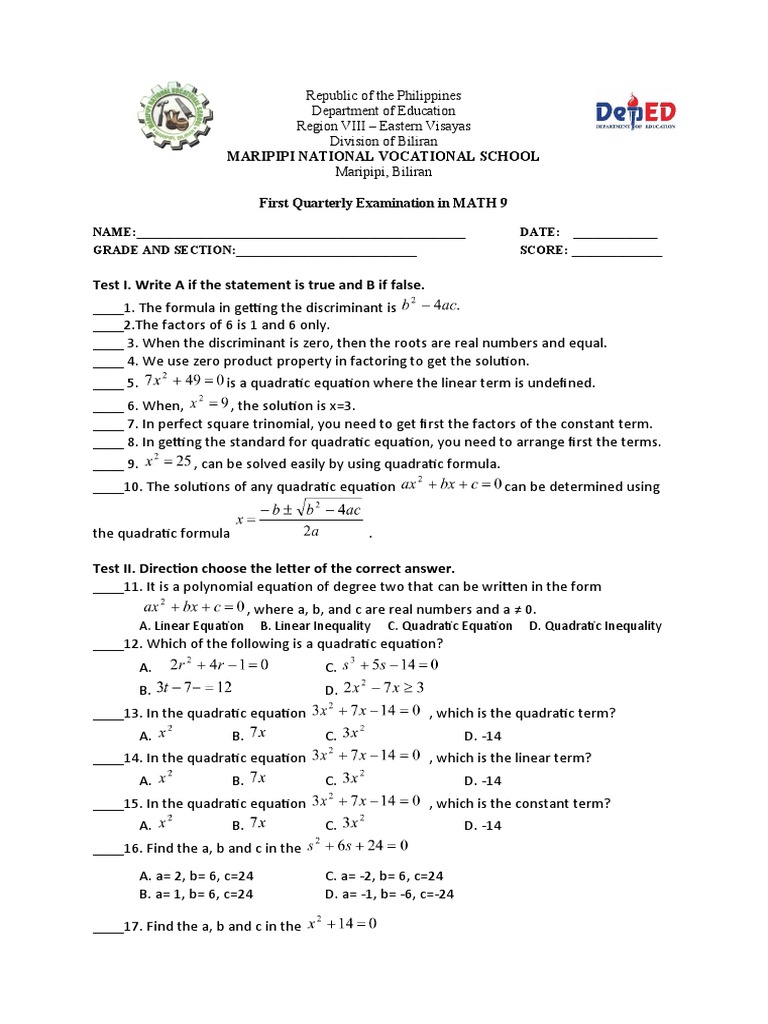 Math 9 Quarter 1 Exam | PDF | Quadratic Equation | Equations