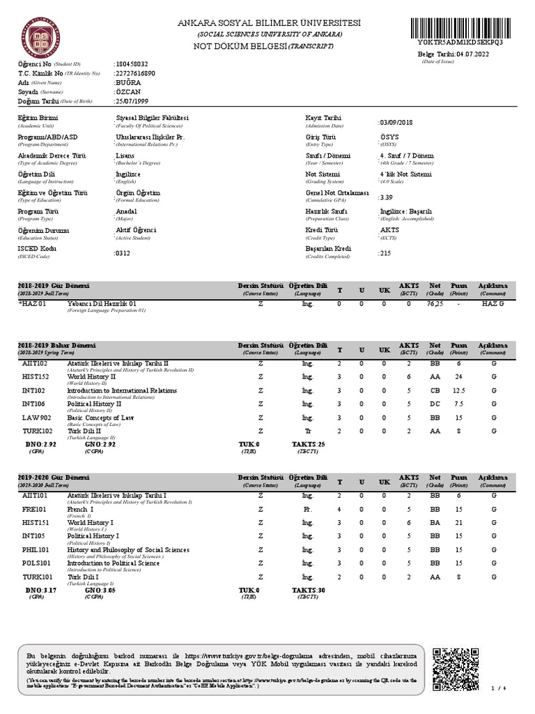 Yuksekogretim Kurulu Transkript Belgesi Sorgulama | PDF