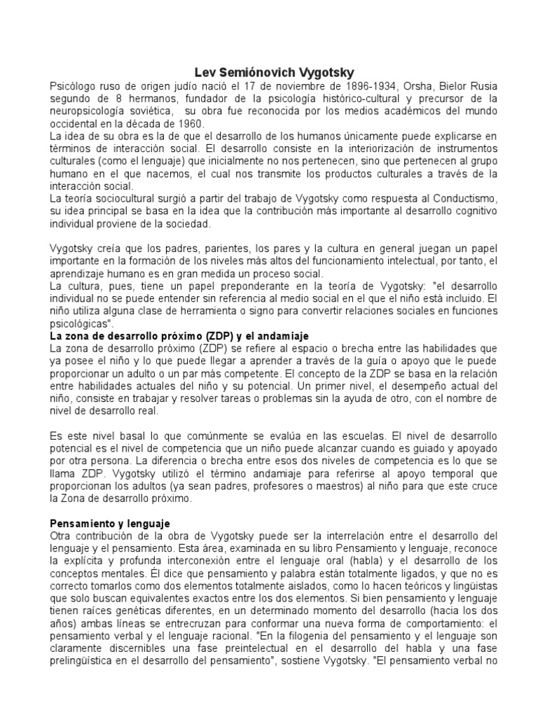 Lev Semiónovich Vygotsky | PDF | Desarrollo cognitivo | Ciencia cognitiva
