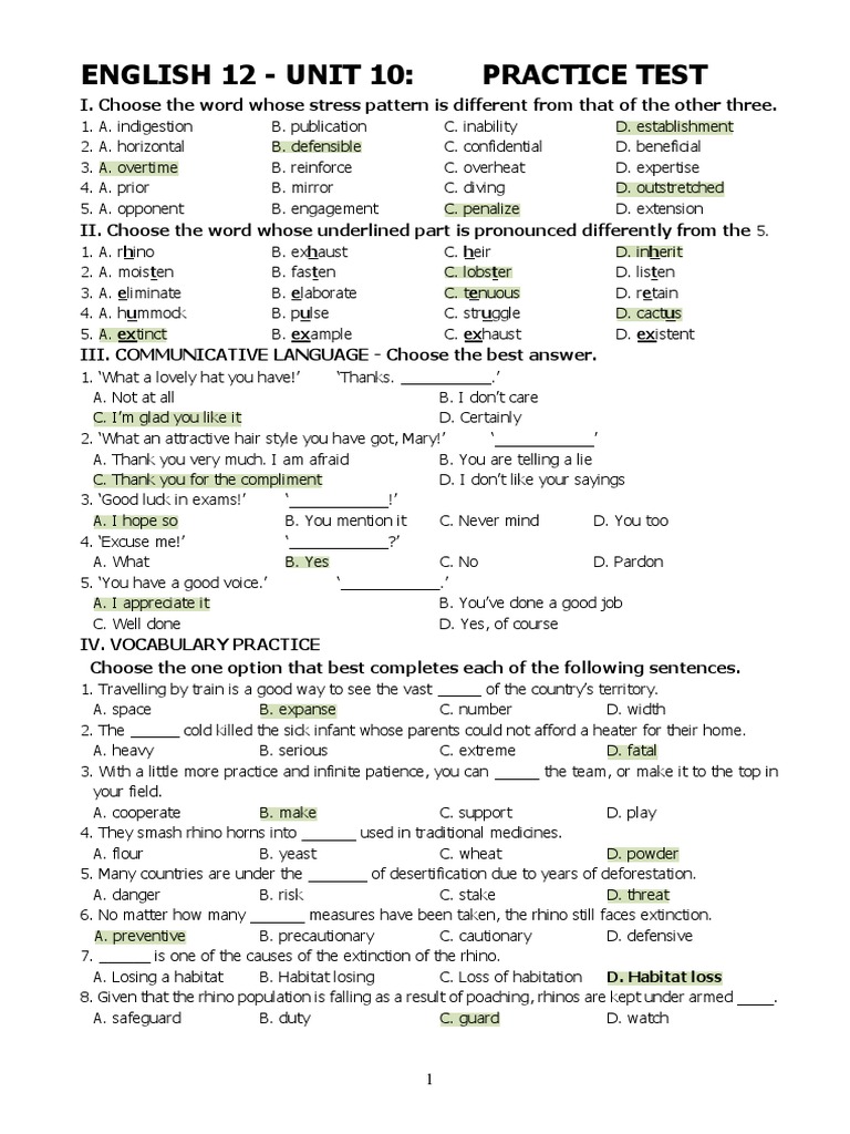 Unit-10-Practice-Test e 12 2122 | PDF | Rhinoceros | Endangered Species
