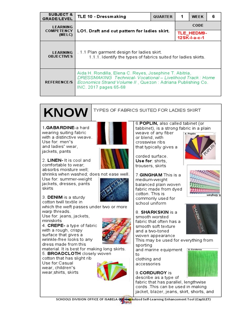 Dressmaking 10 Quarter I - Lo1 - 1.1 L. Duhaylungsod BNHS | PDF | Skirt ...