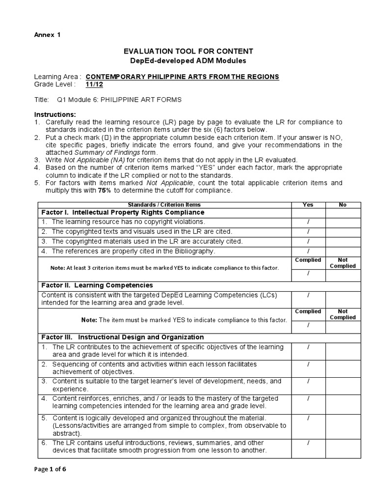 6 ADM-Content-Evaluation - CPAR - Q1 - MODULE-6 | PDF | Learning ...