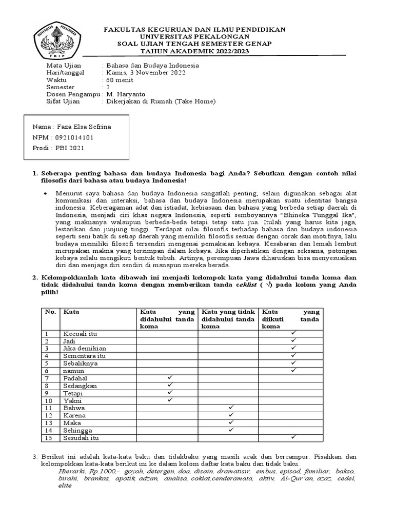 Uts Makul Bahasa Dan Budaya Indonesia 2022 - Faza Elsa Sefrina | PDF