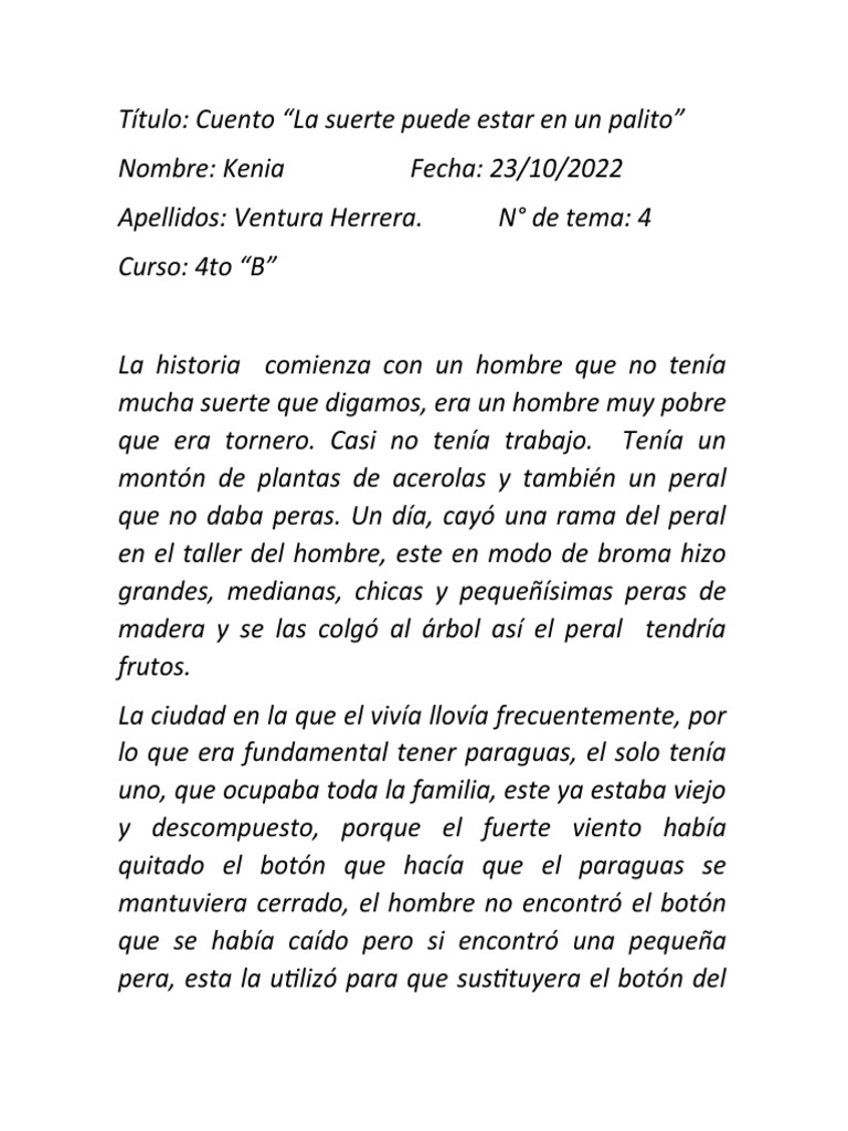 Cuento La Suerte Puede Estar en Un Palito | PDF