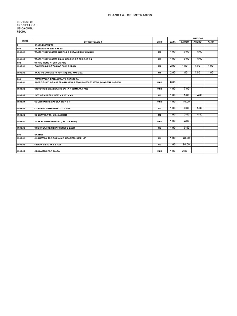 Planilla de Metrados - Balsa Flotante | PDF | Diseño arquitectonico | Arquitectura