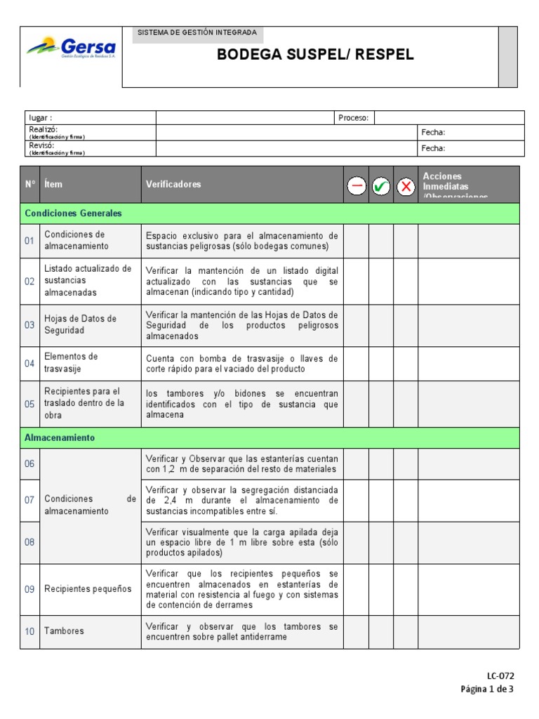 22 - Check List Bodega Sustancias Peligrosas | PDF