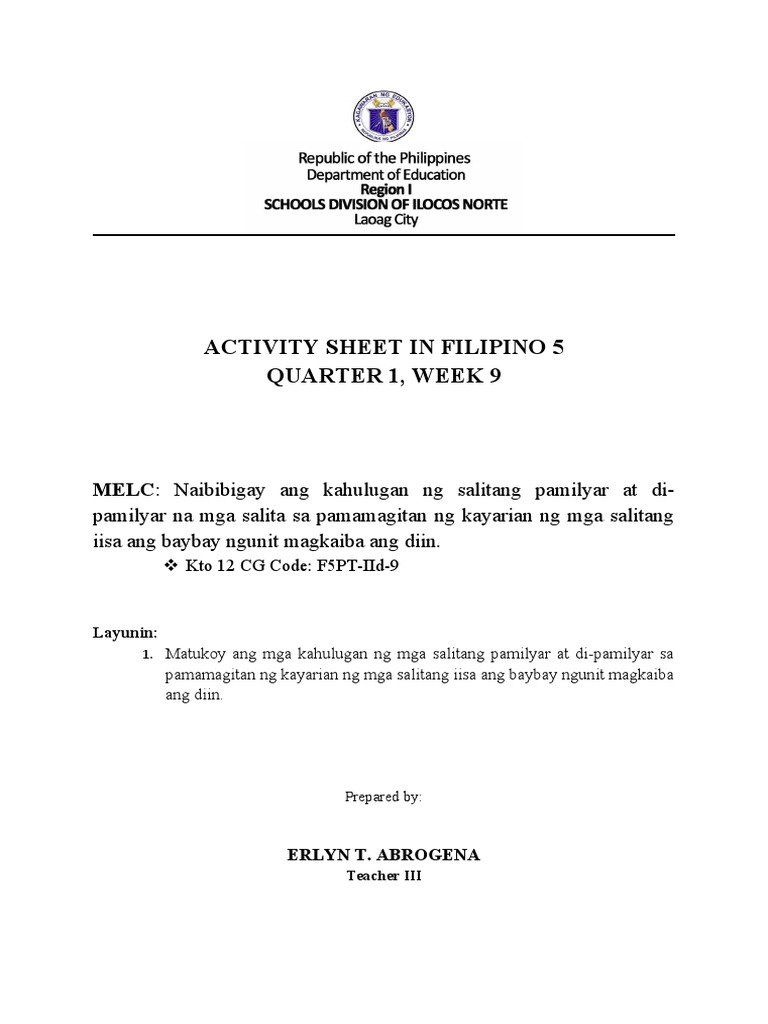 Activity Sheet in Filipino 5 (Printed) | PDF