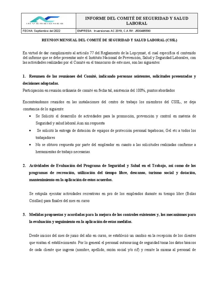 Inpsasel Informe Septiembre | PDF | Seguridad y salud ocupacional