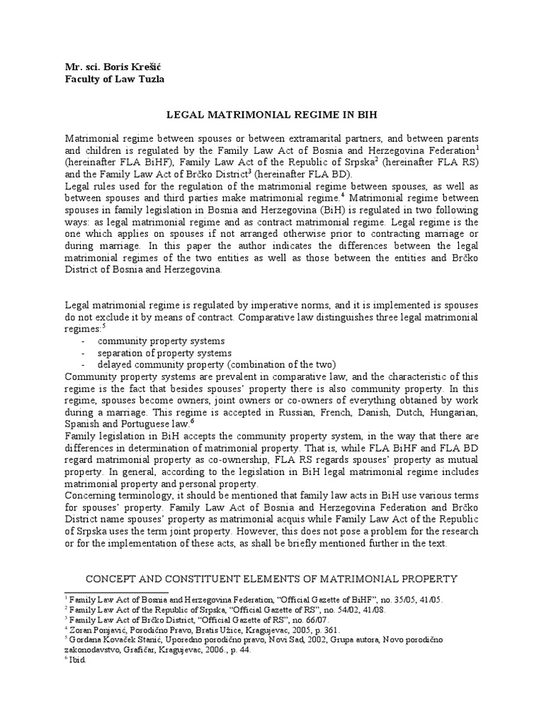 Legal Matrimonial Regime in Bih | PDF | Marriage | Property