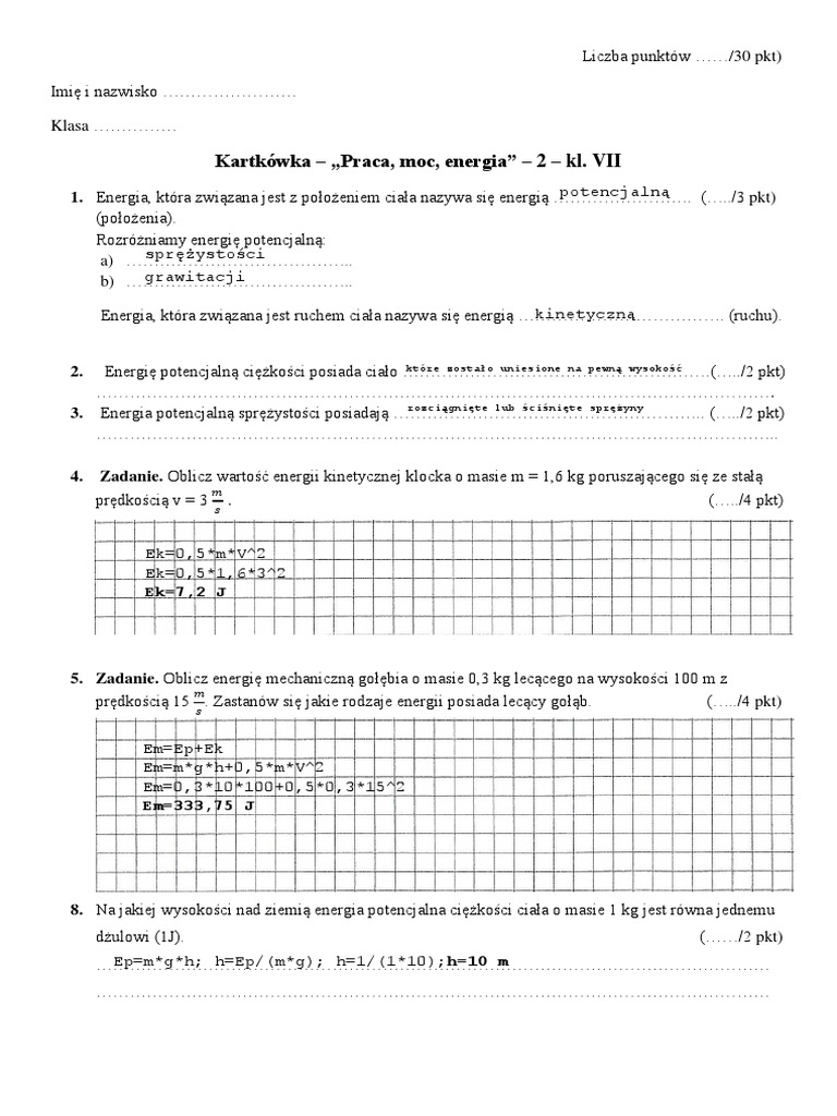 Kartkówka - Praca, Moc, Energia" - 2 - Kl. VII: Które Zostało Uniesione Na Pewną Wysokość | PDF