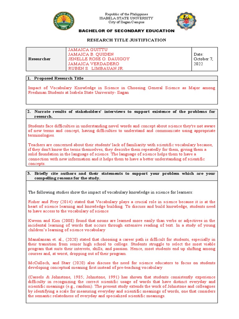 Reseach Title Justification Form | PDF | Vocabulary | Science