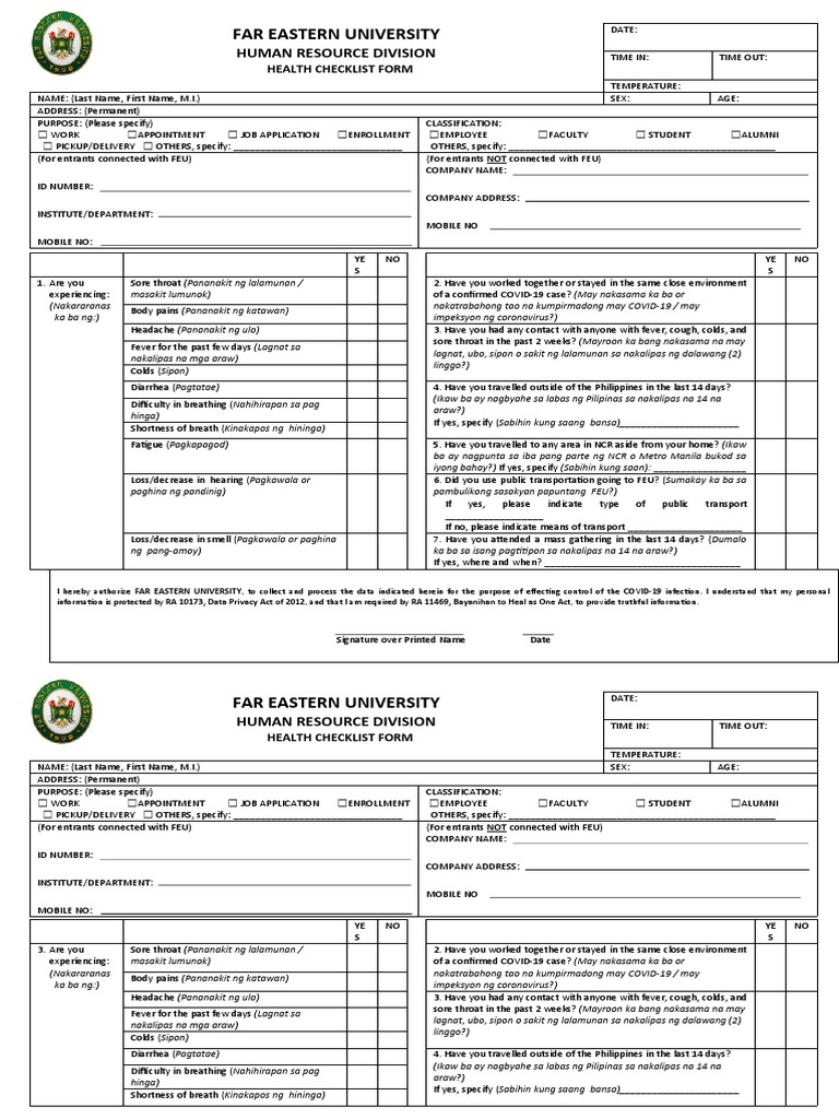 FEU - Health Checklist Form | PDF | Common Cold | Diseases And Disorders