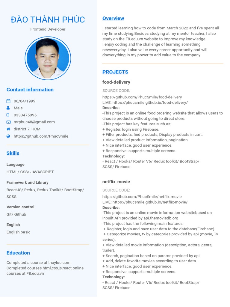 CV Frontend Intern Phuc Dao | PDF | Bootstrap (Front End Framework ...