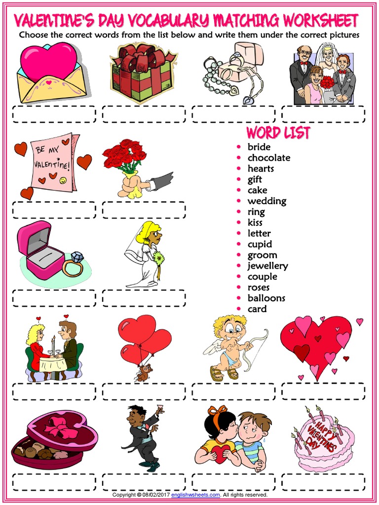 Valentines Day Vocabulary Esl Matching Exercise Worksheet For Kids | PDF