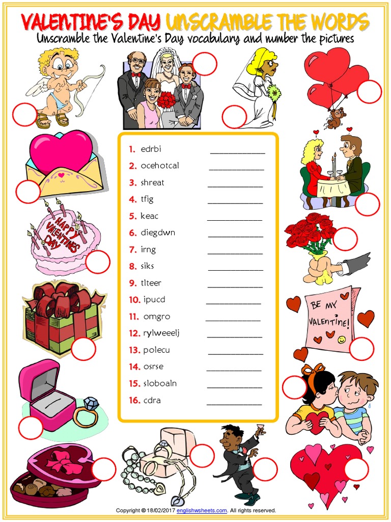 Valentines Day Vocabulary Esl Unscramble The Words Worksheet For Kids ...
