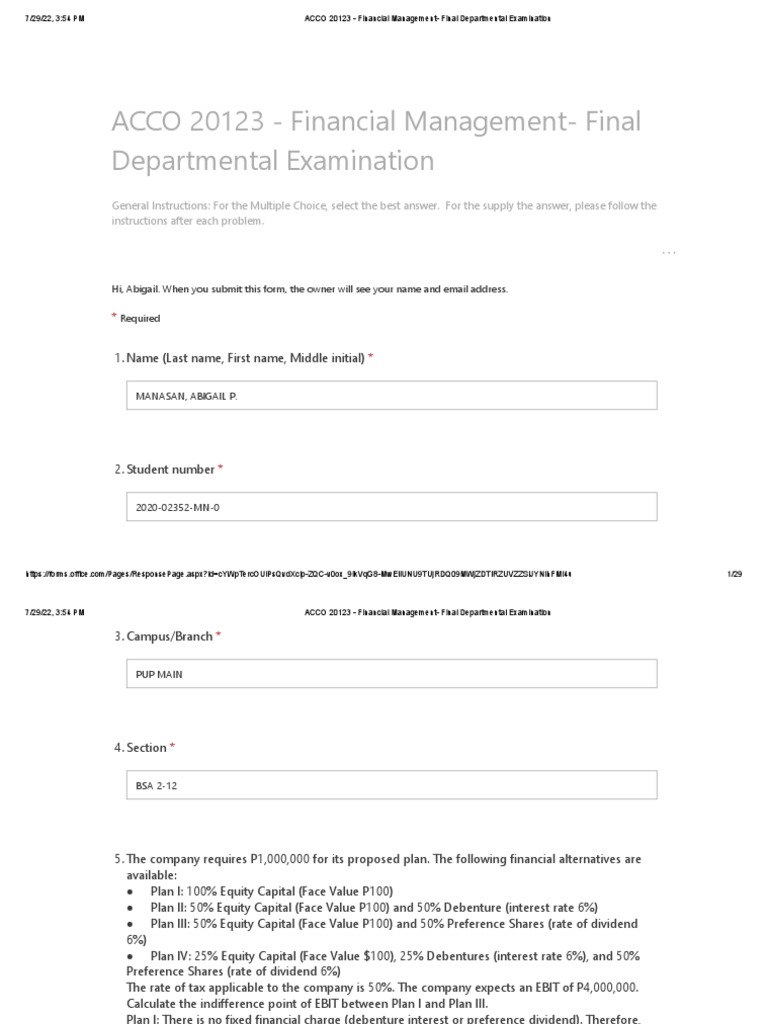 ACCO 20123 - Financial Management - Final Departmental Examination | PDF | Cost Of Capital ...