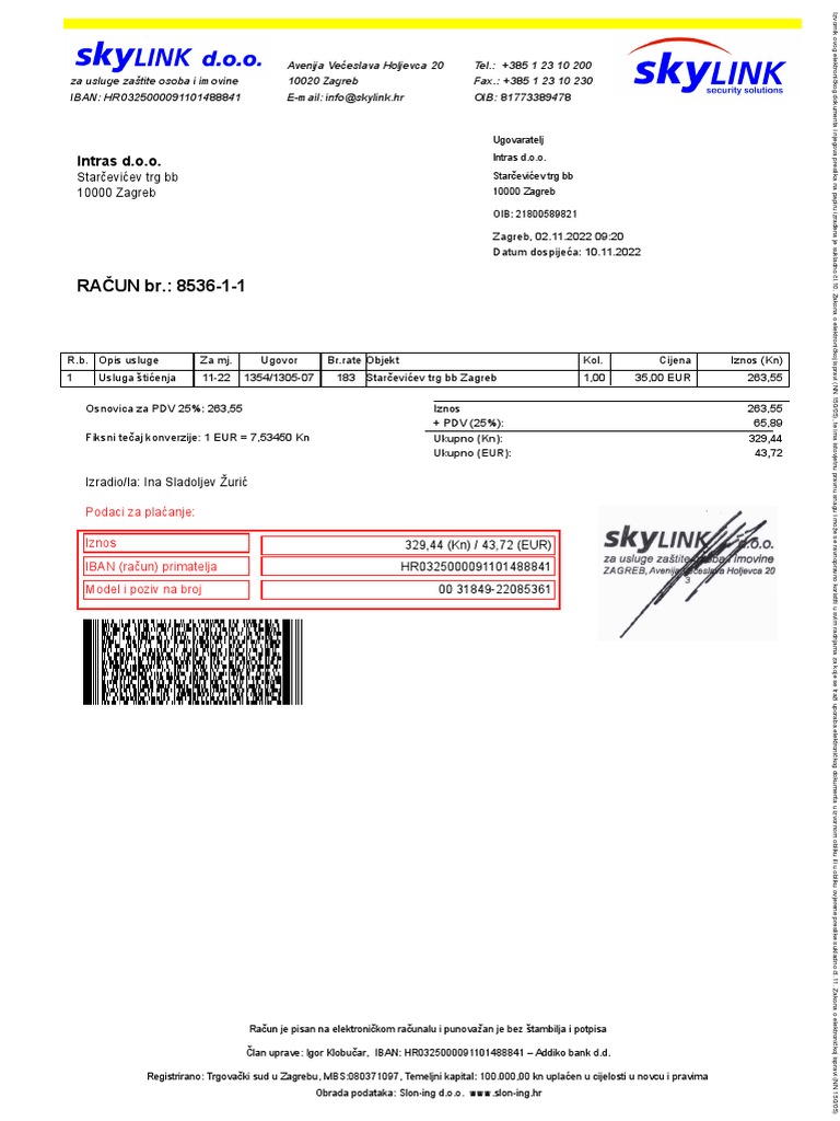 RAČUN BR.: 8536-1-1: Intras D.O.O | PDF