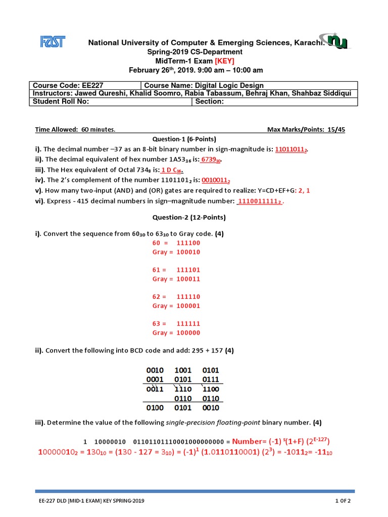 DLD Mid-1 Exam Sp-19-KEY | PDF