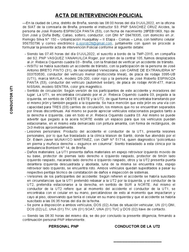 Acta de Intervencion Policial Por Accidente de Transito 2021 | PDF ...