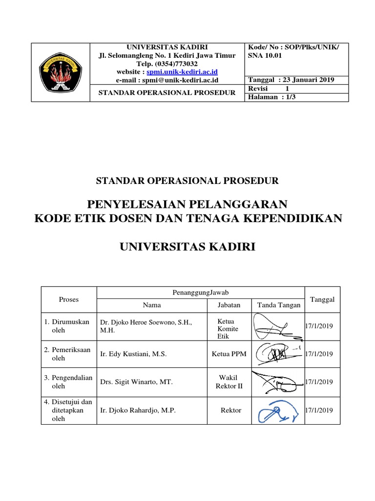 Contoh SOP Penyelesaian Pelanggaran Kode Etik Dosen Dan Tenaga Kependidikan | PDF