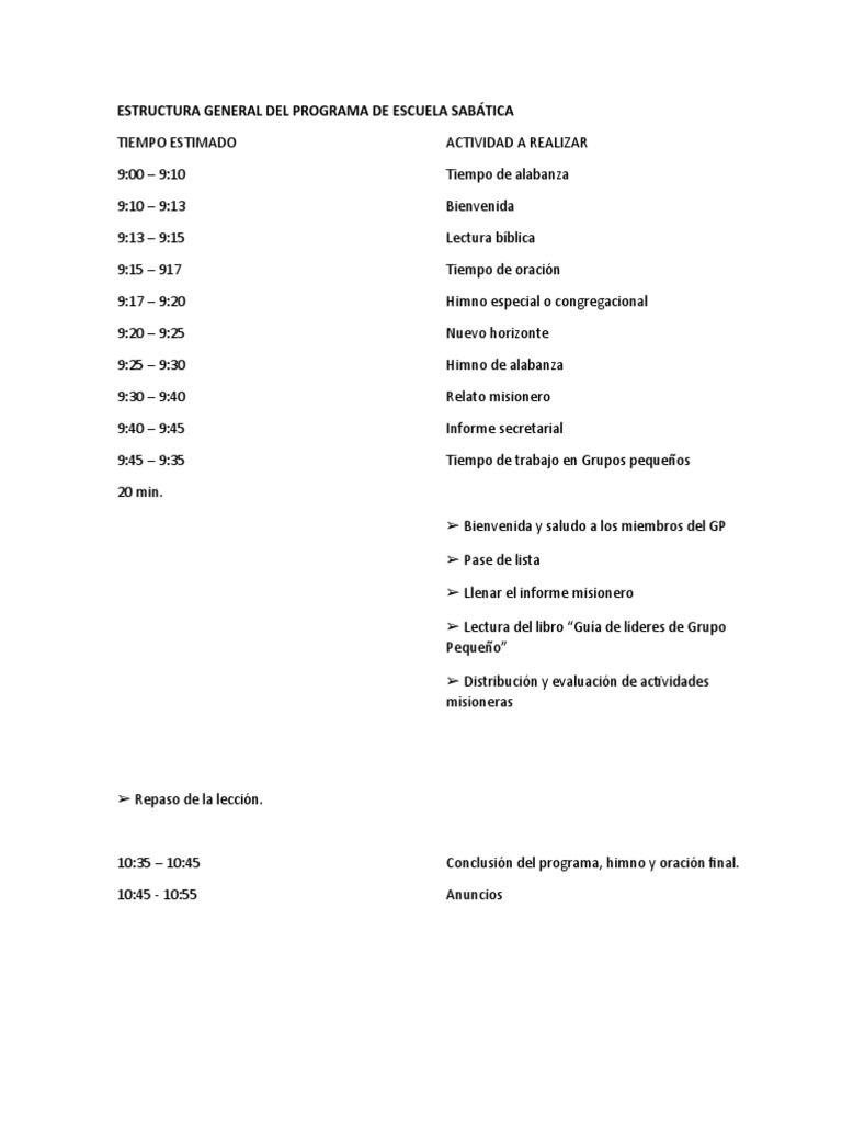 Estructura General Del Programa de Escuela Sabática 08 10 22 | PDF ...