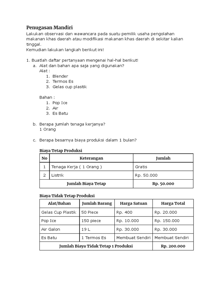 Mochammad Aqil Rafid Yumna (Tugas Prakarya Biaya Produksi, Harga Jual, Dan Penghitungan) | PDF ...