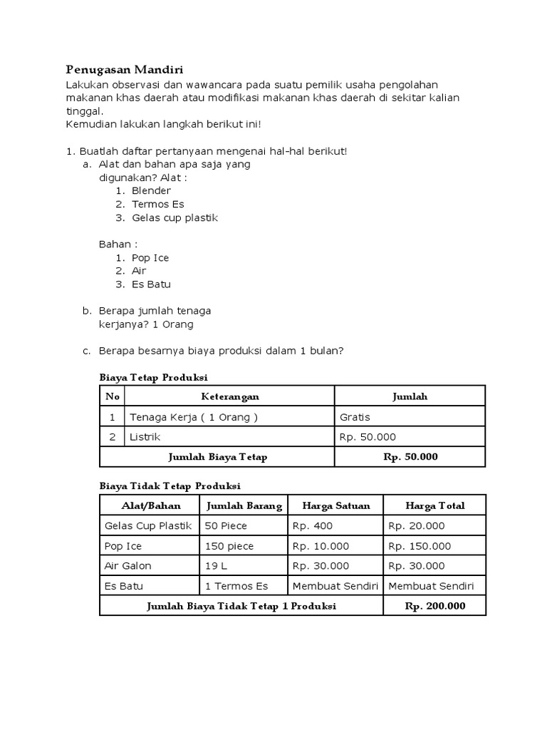 Mochammad Aqil Rafid Yumna (Tugas Prakarya Biaya Produksi, Harga Jual, Dan Penghitungan) | PDF