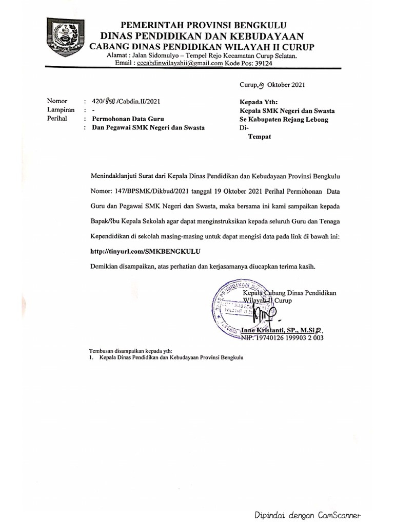 Surat Permohonan Data Guru Dan Tendik SMK | PDF