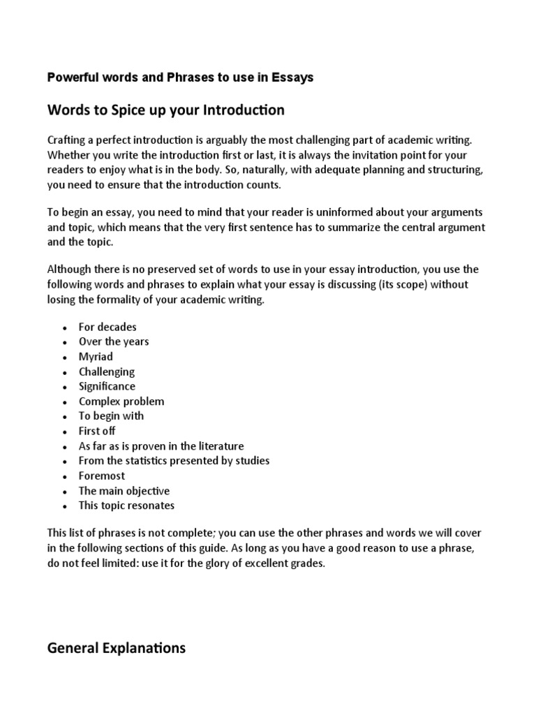 Powerful Words and Phrases To Use in Essays | PDF | Essays | Argument