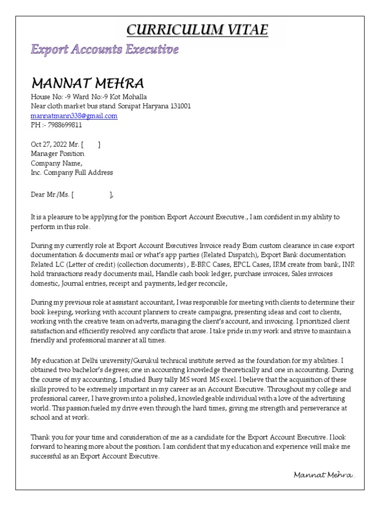 Mannat Resume 30.10.2022 | PDF | Bookkeeping | Letter Of Credit