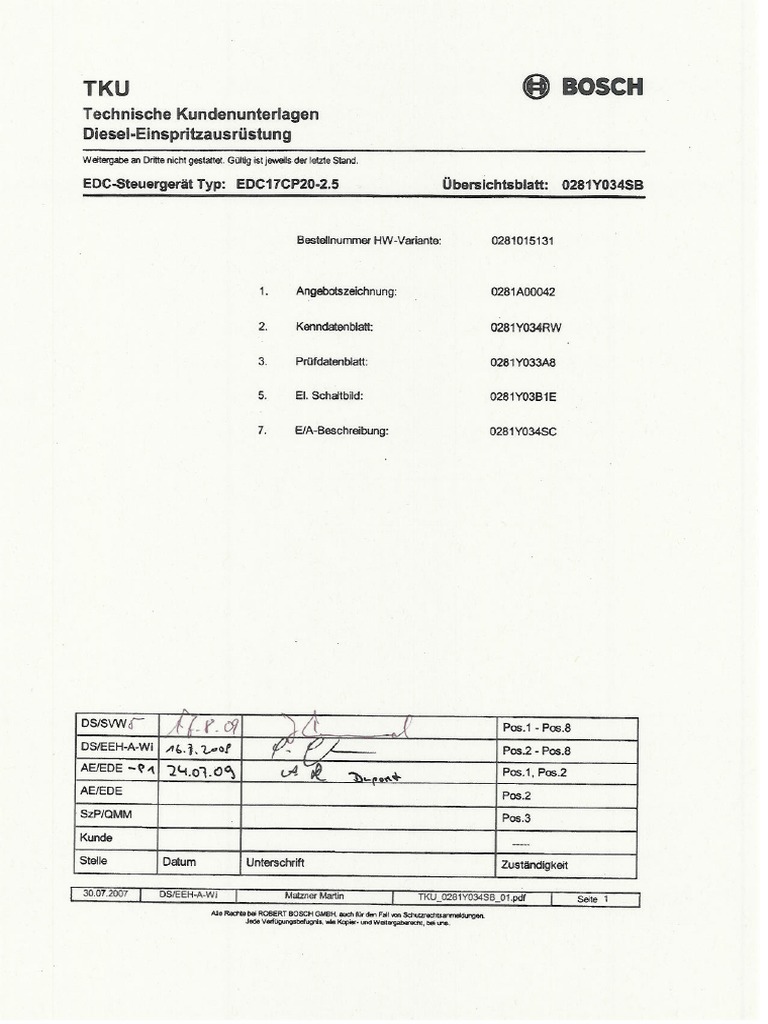 TKU 0281Y034SC 05 EDC17CP20-2.5 Uebersichtsblatt | PDF