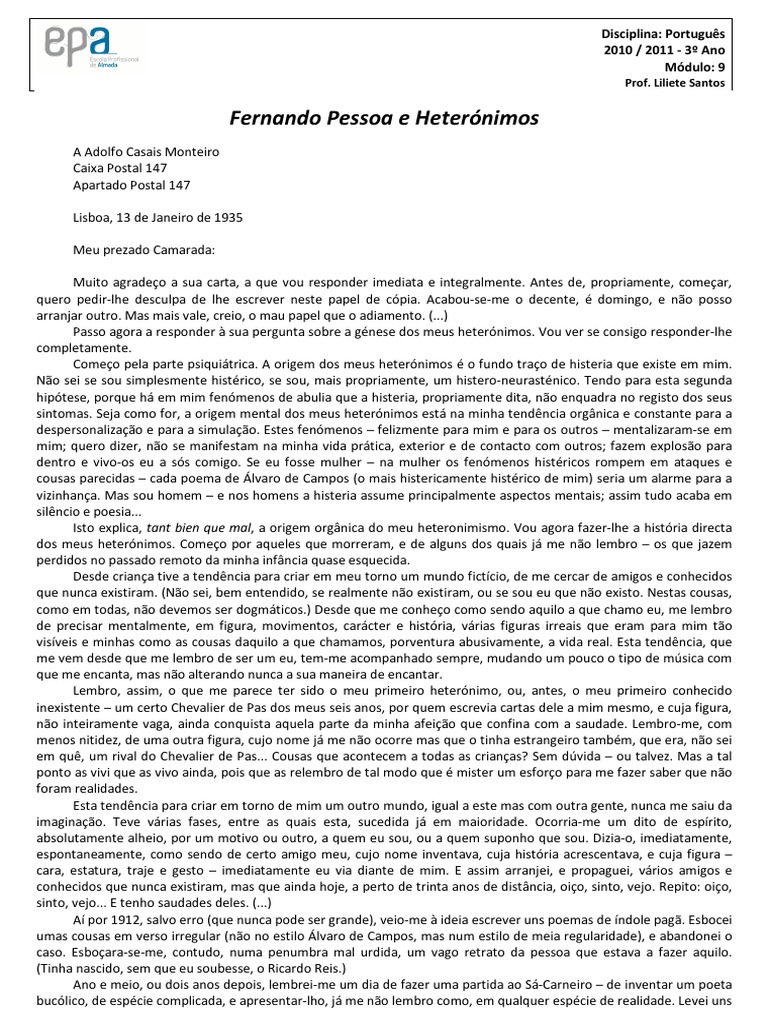 A Génese dos Heterónimos de Fernando Pessoa: Uma Carta sobre a Origem e ...