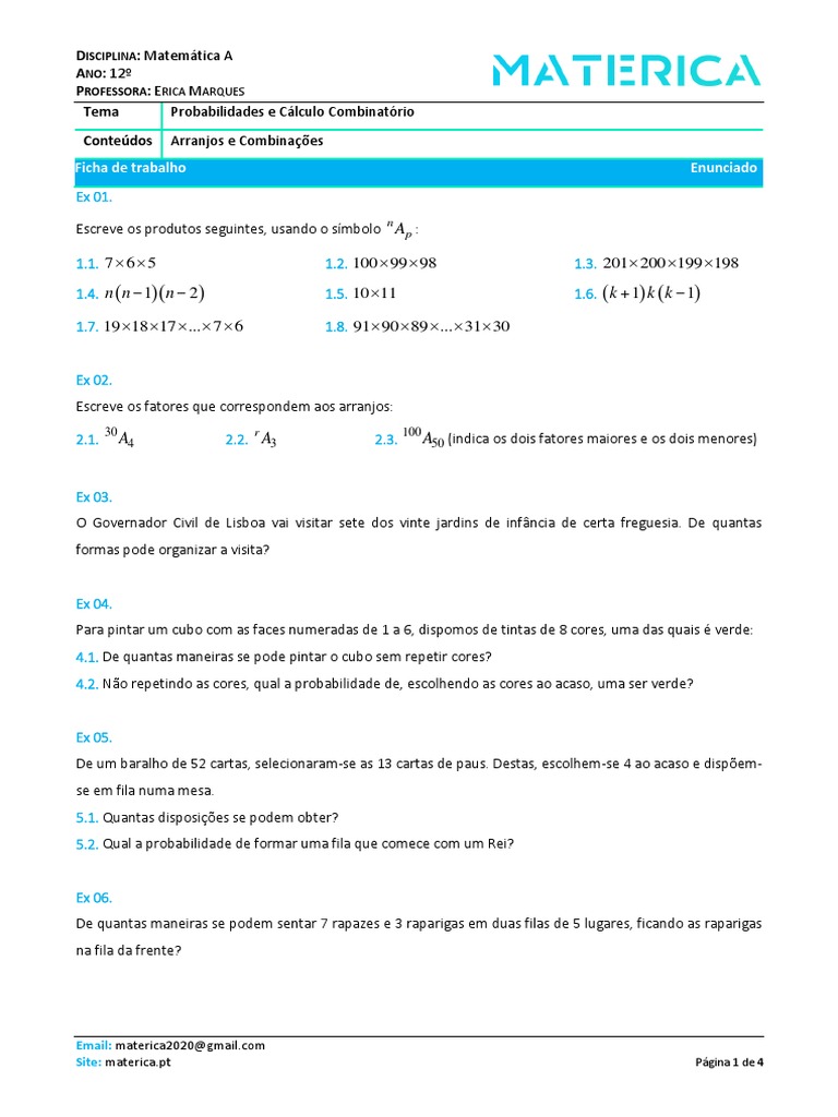 Ficha-8-Arranjos-e-Combinações-12º Ano | PDF | Matemática | Science