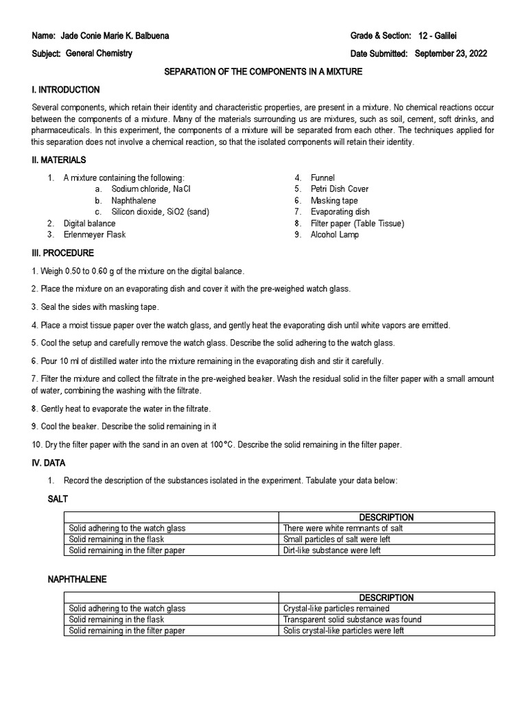 Lab 1 Separation of The Components in A Mixture | PDF | Filtration | Mixture
