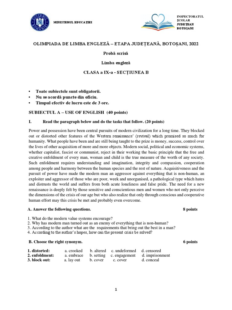 Subiect Clasa A IX A Sectiunea B | PDF