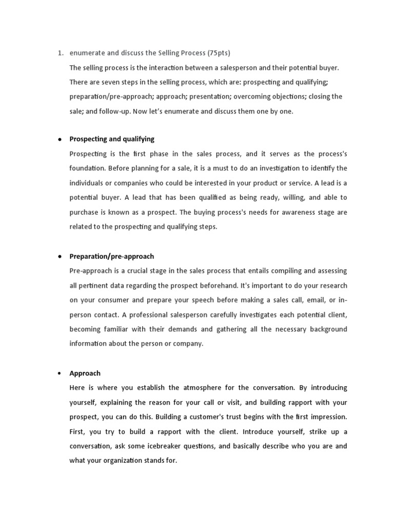 Enumerate and Discuss The Selling Process | PDF | Sales | Customer
