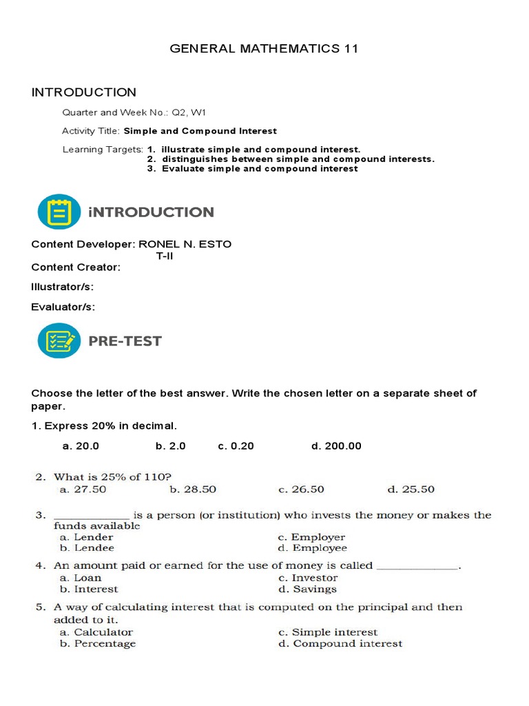 GENERAL MATHEMATICS 11 q2W1 | PDF | Interest | Compound Interest