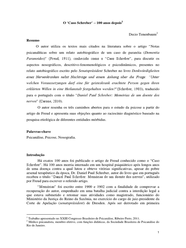 O Caso Schreber - 100 Anos Depois | PDF | Sigmund Freud | Experiência