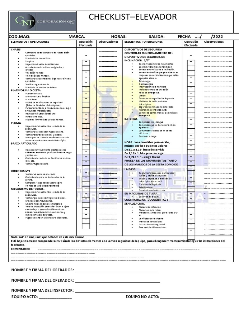 12 Check List - Elevador 2022 | PDF | Transporte | Bienes manufacturados