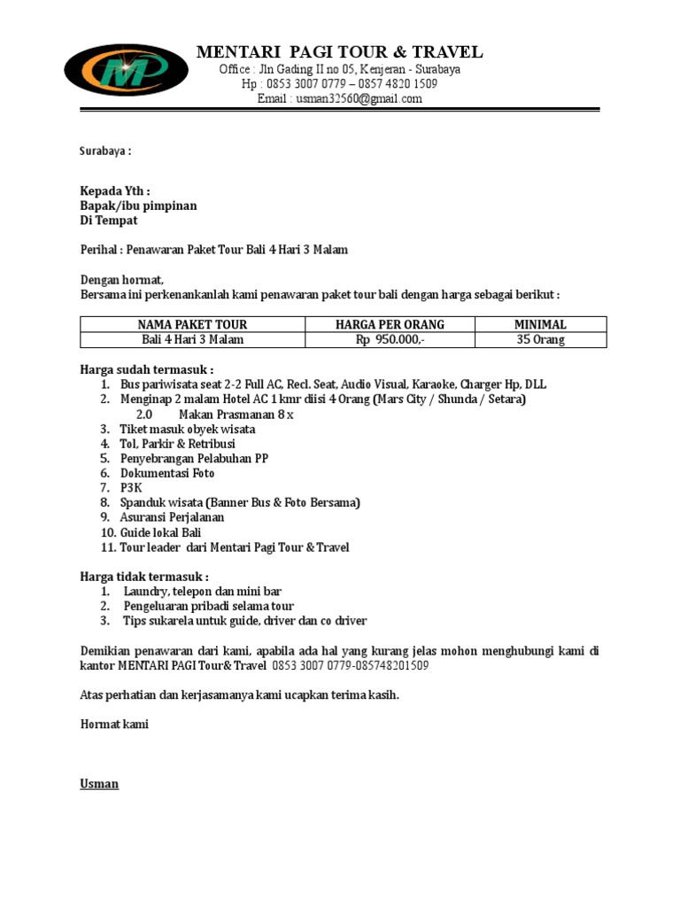 BALI TOUR 4d3N Bus Pariwisata | PDF