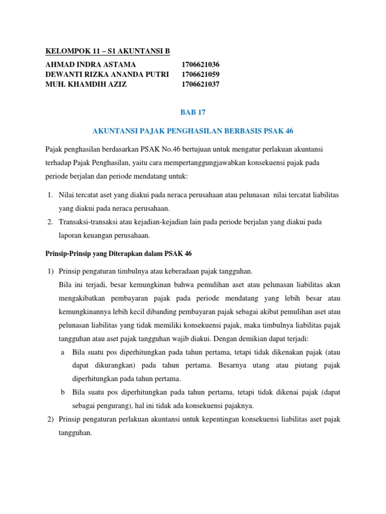 Resume BAB 17 Akuntansi Pajak Penghasilan Berbasis PSAK 46 - Kelompok 11 | PDF