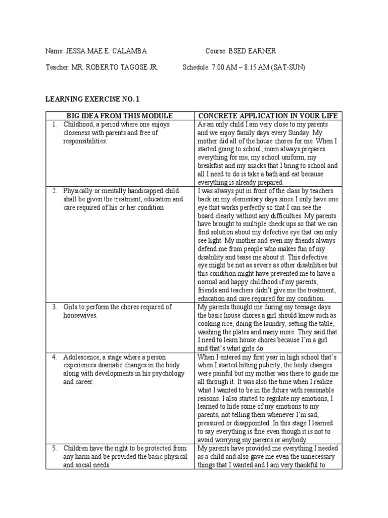 Educ 1 Learning Exercie One | PDF | Family | Youth