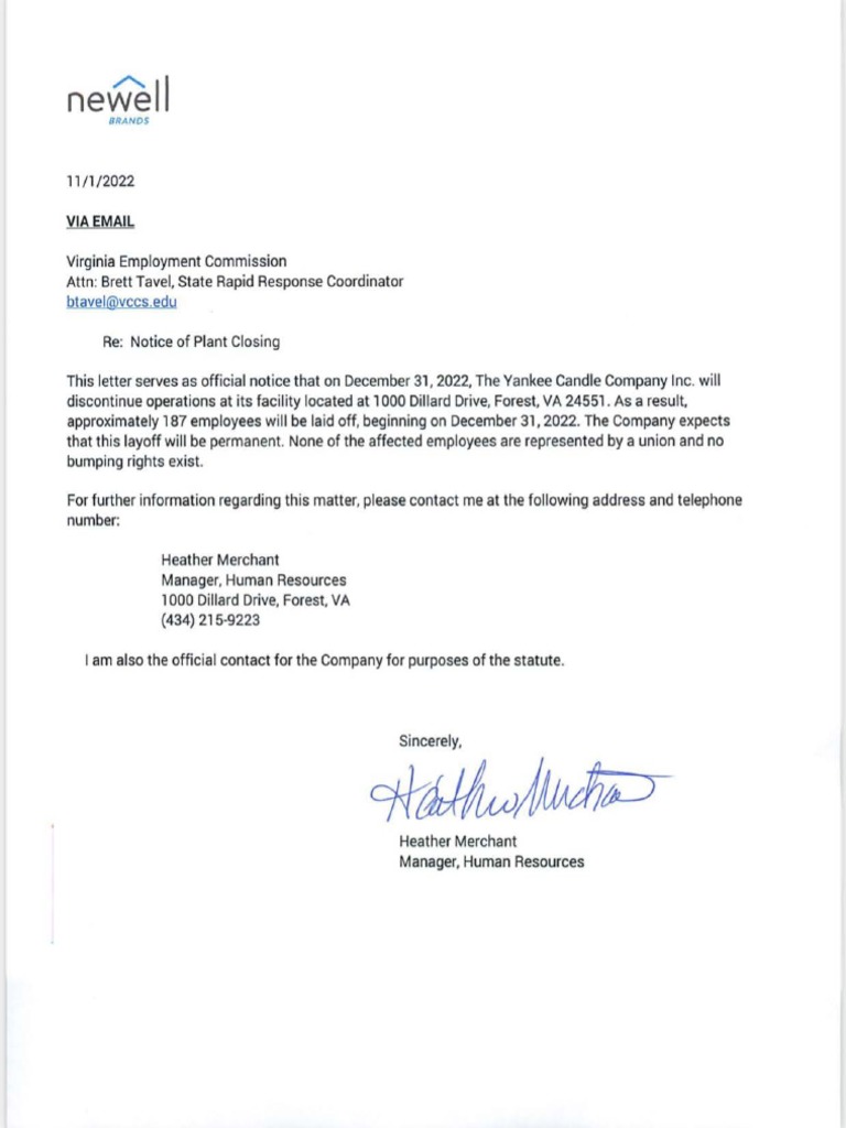 Closing Notice For Newell Brands (Yankee Candle Co. Inc.) in Forest, VA ...