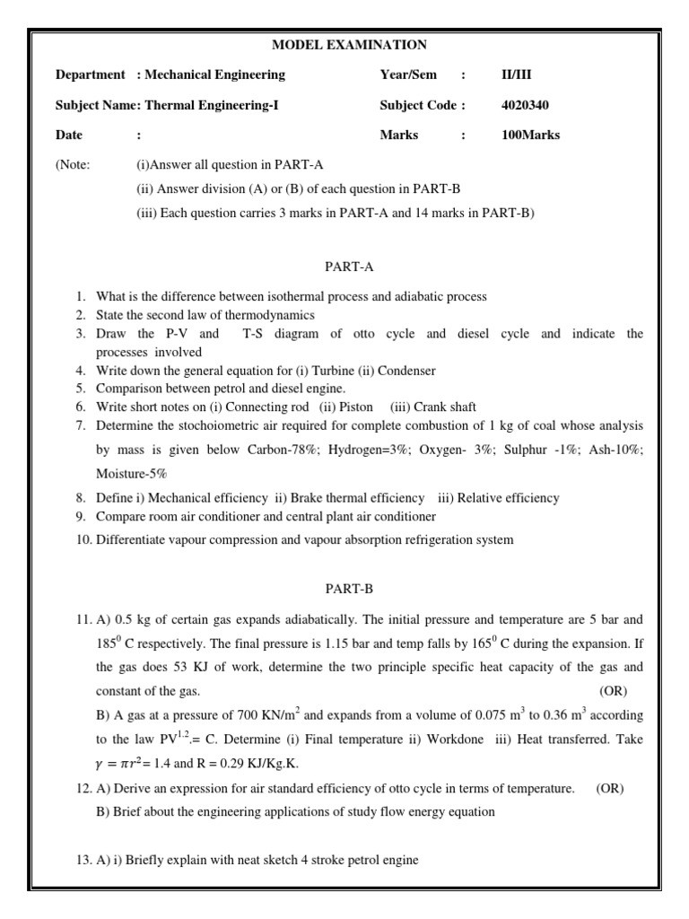 Thermal Engineering 1 Model Question Paper | PDF | Gases | Diesel Engine
