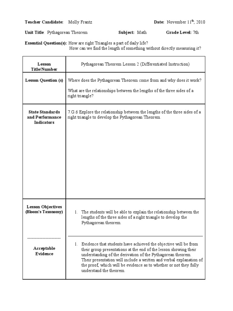 Pythagorean Theorem Lesson Plan | PDF | Theorem | Mathematical Proof
