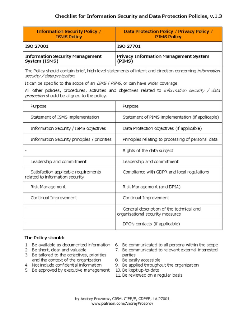 Checklist For ISMS Security and PIMS Policies | PDF | Information ...