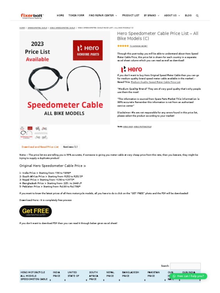 Product Hero Speedometer Cable Price List All Hero Bike Models | PDF ...